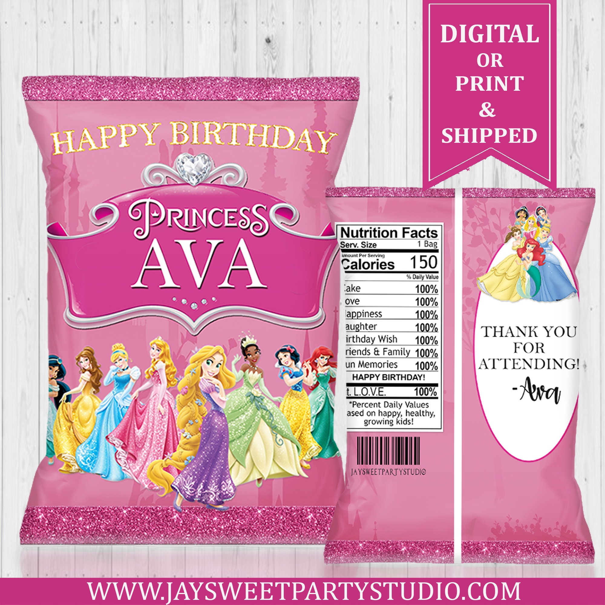 Princess Chip Bags Custom Favor Bags Princess Birthday Princess Party ...