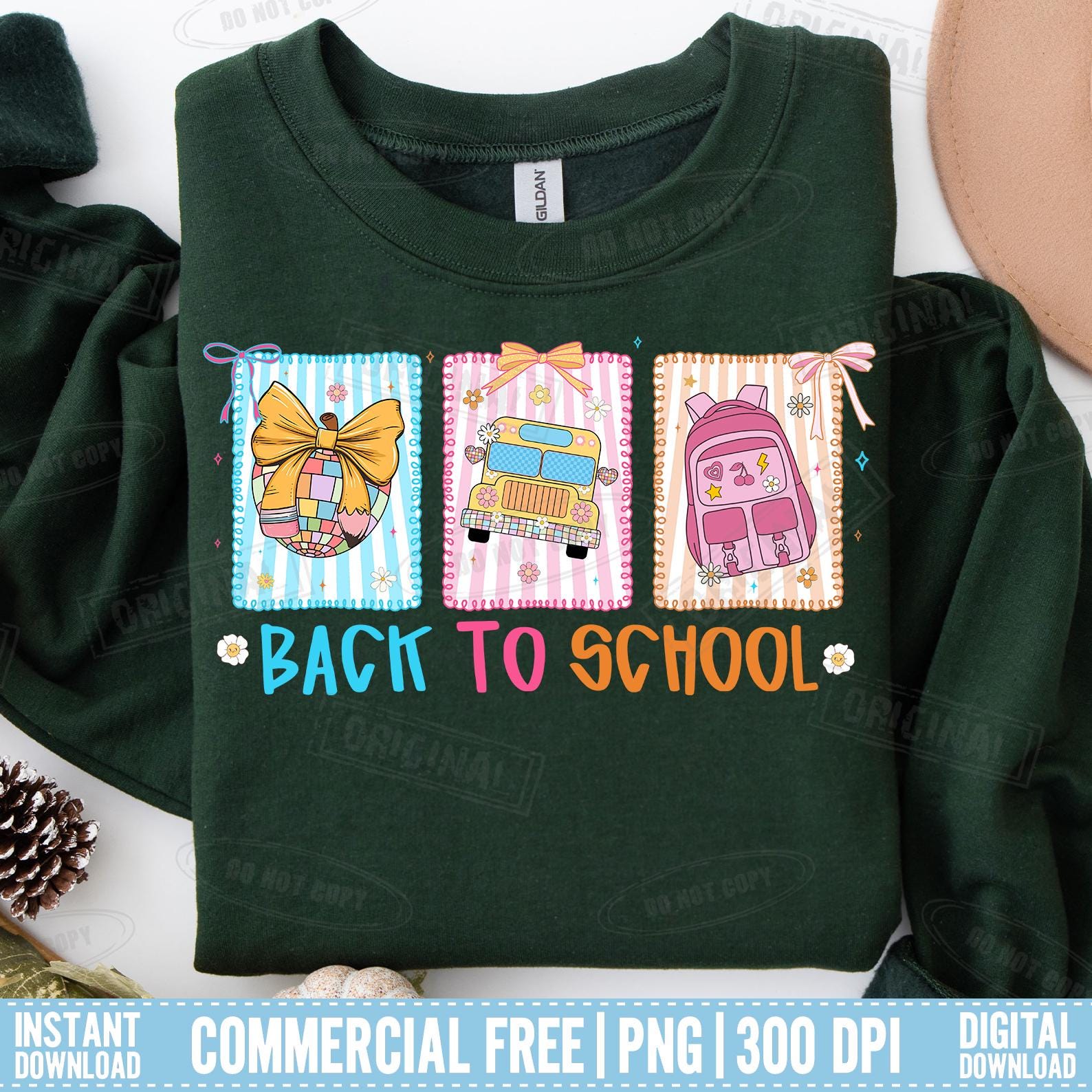 Preppy Back to School PNG: Pencil, Bow & School Bus Design (digital ...