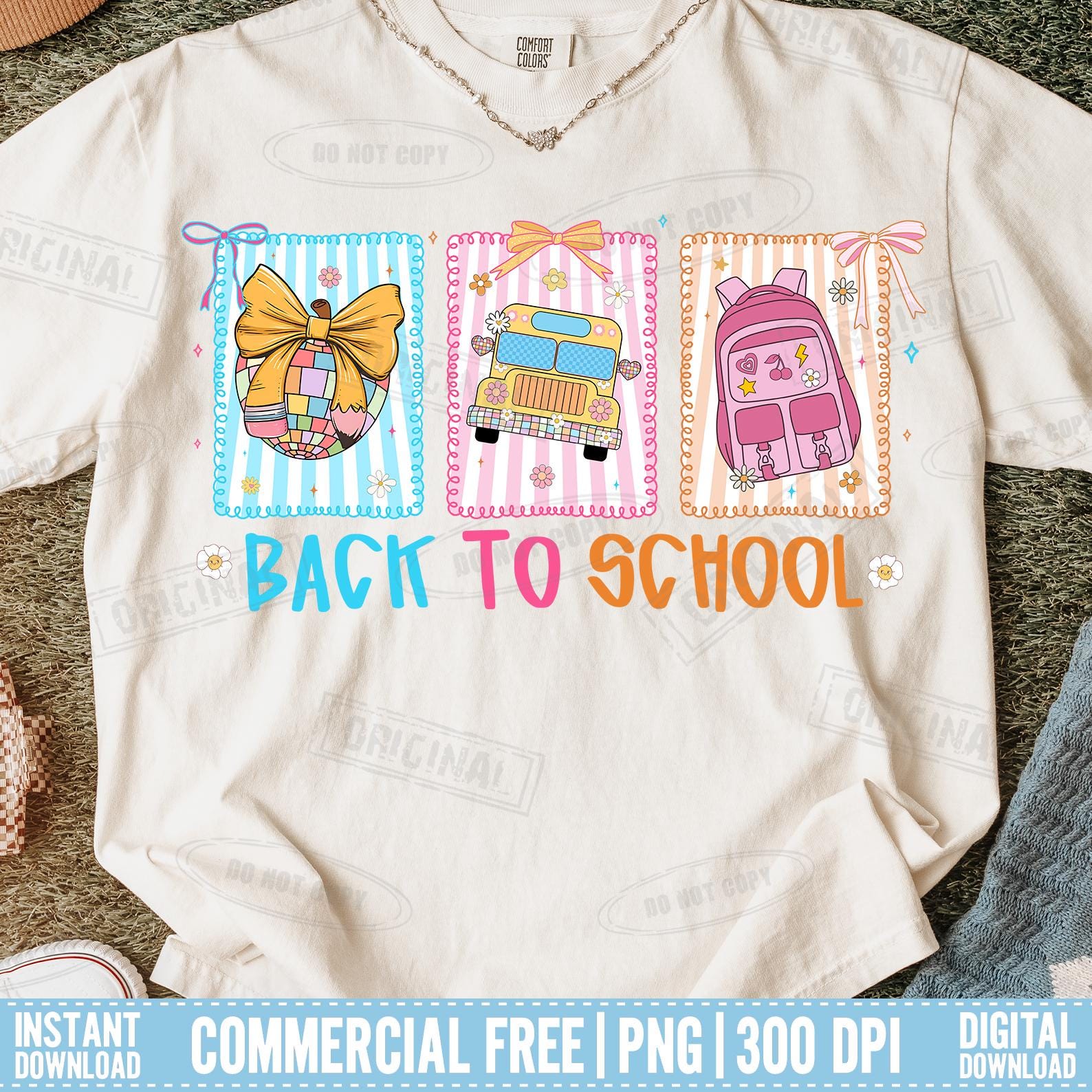 Preppy Back to School PNG: Pencil, Bow & School Bus Design (digital ...