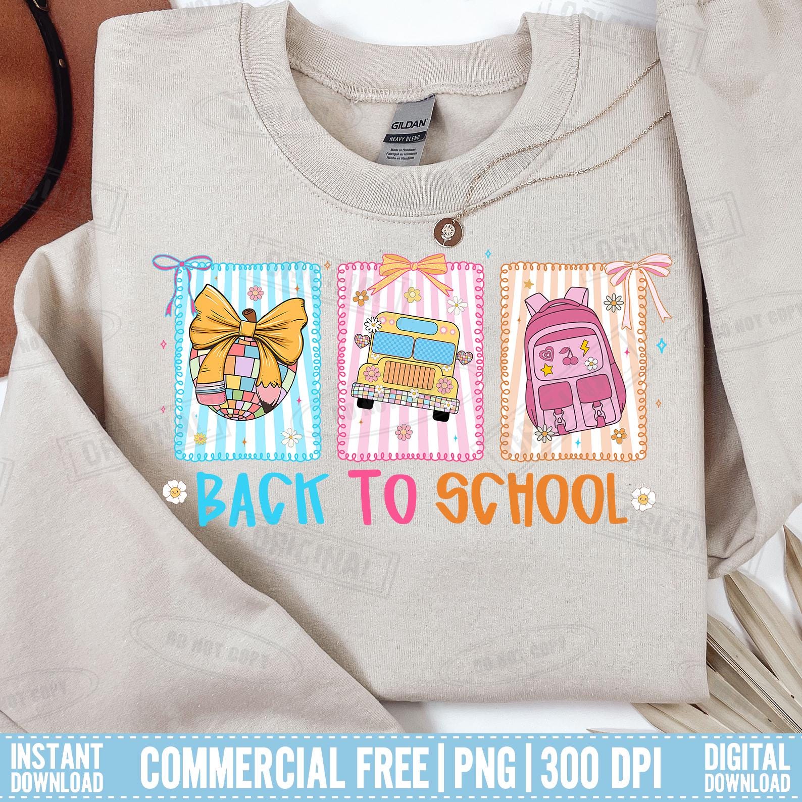 Preppy Back to School PNG: Pencil, Bow & School Bus Design (digital ...