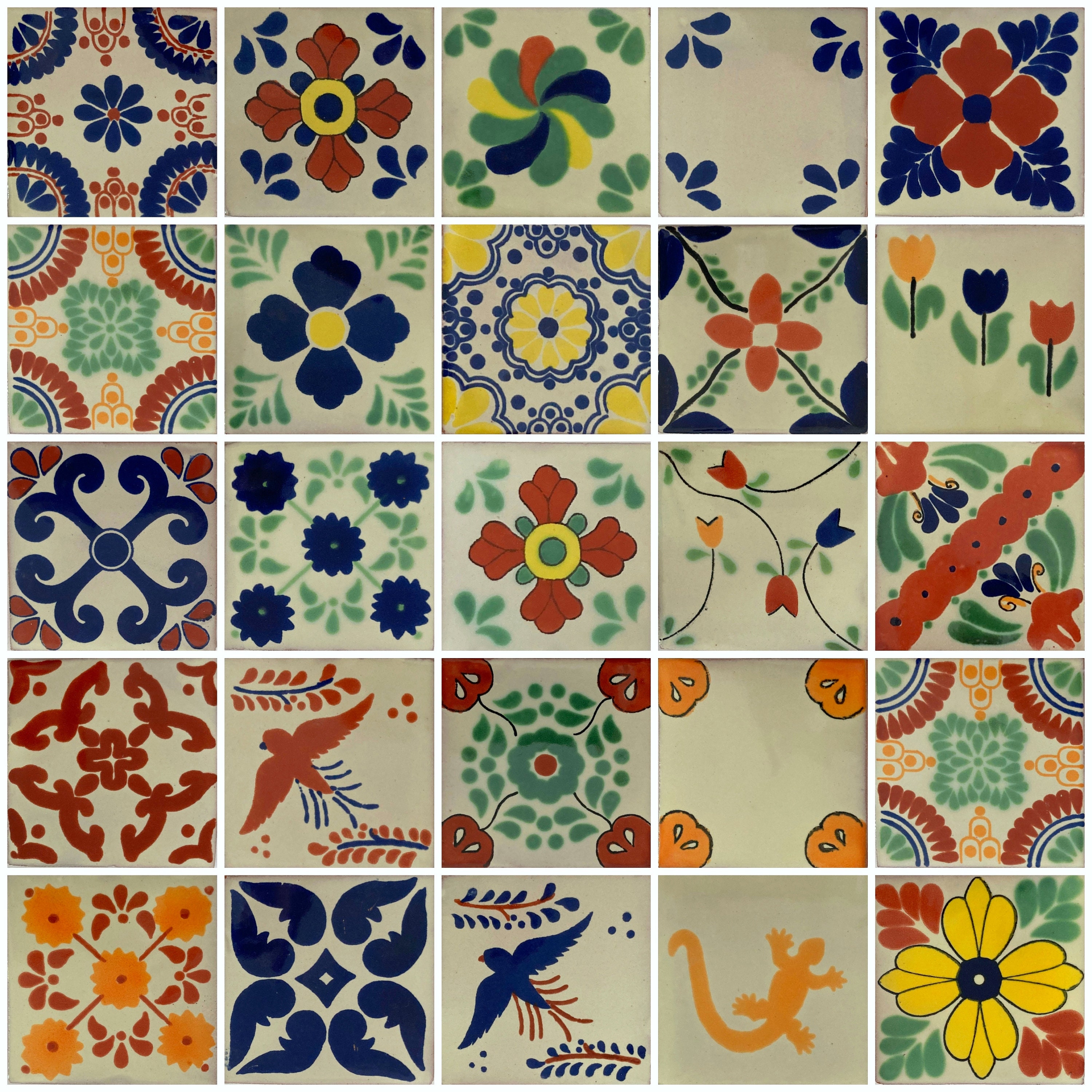 50 4x4 Pieces Mexican Talavera Tiles Handmade White Mixed Designs Etsy