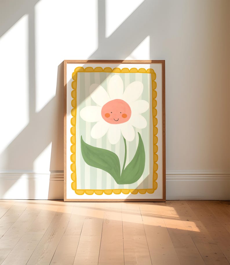 Happy Flower Print, Bright Kids Room Art, Flower Illustration, Cute ...