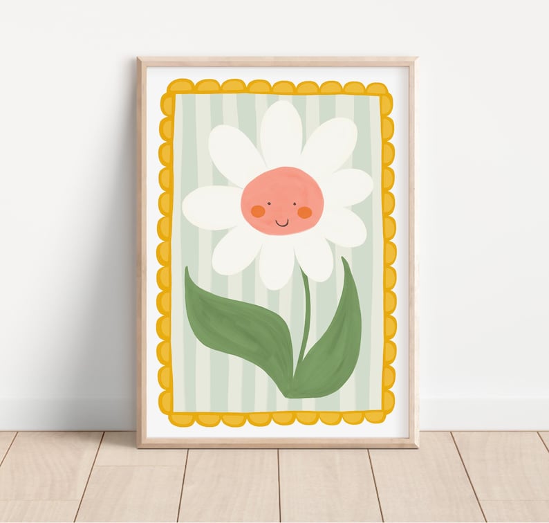 Happy Flower Print, Bright Kids Room Art, Flower Illustration, Cute ...