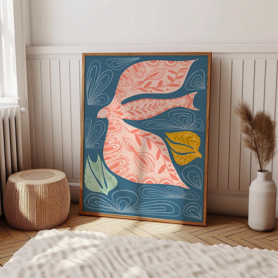 Boho Birds Print, Folkloric Wall Art, Relaxing Mindful Wall Art, Dove ...