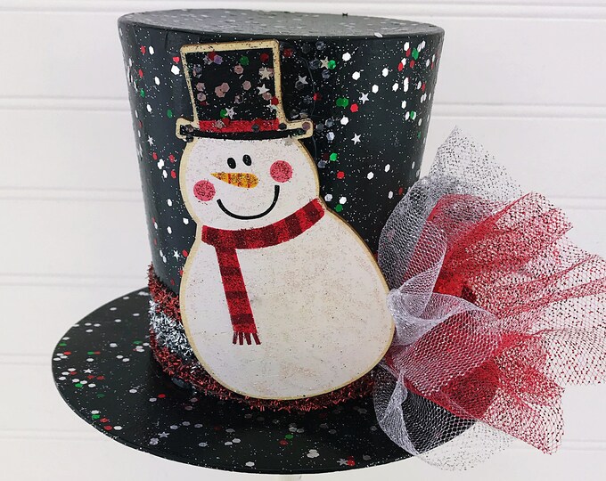 Christmas Decor, Top Hat Tree Topper, Black With Snowman & Glittered ...