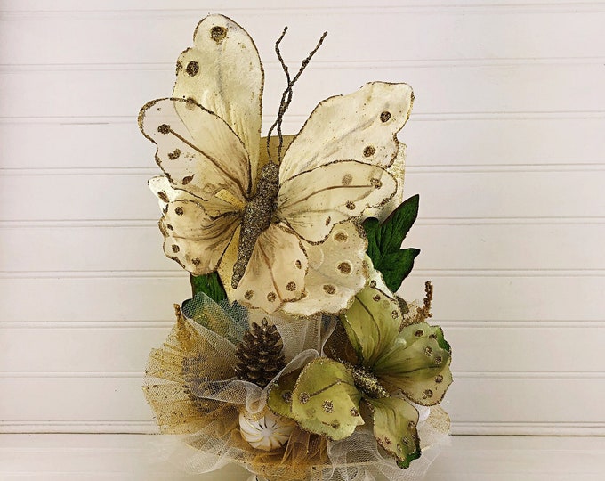 Christmas Decor, LARGE Top Hat Tree Topper, Cream With Butterflies ...