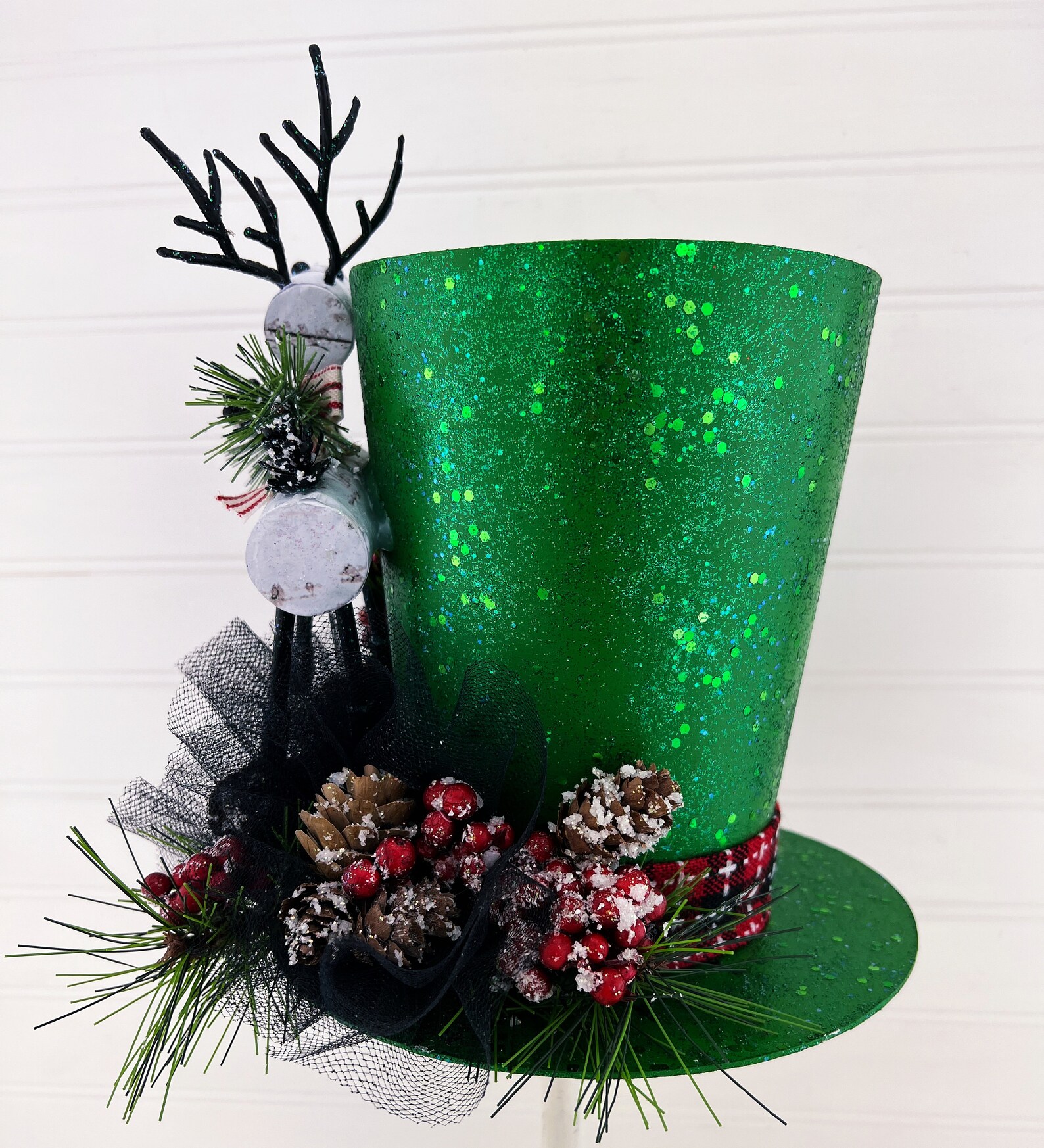 Christmas Decor Top Hat Green With Woodland Reindeer & Pine - Etsy