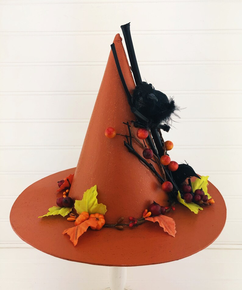 Halloween Decor Witch Hat Orange With Crows & Berries | Etsy
