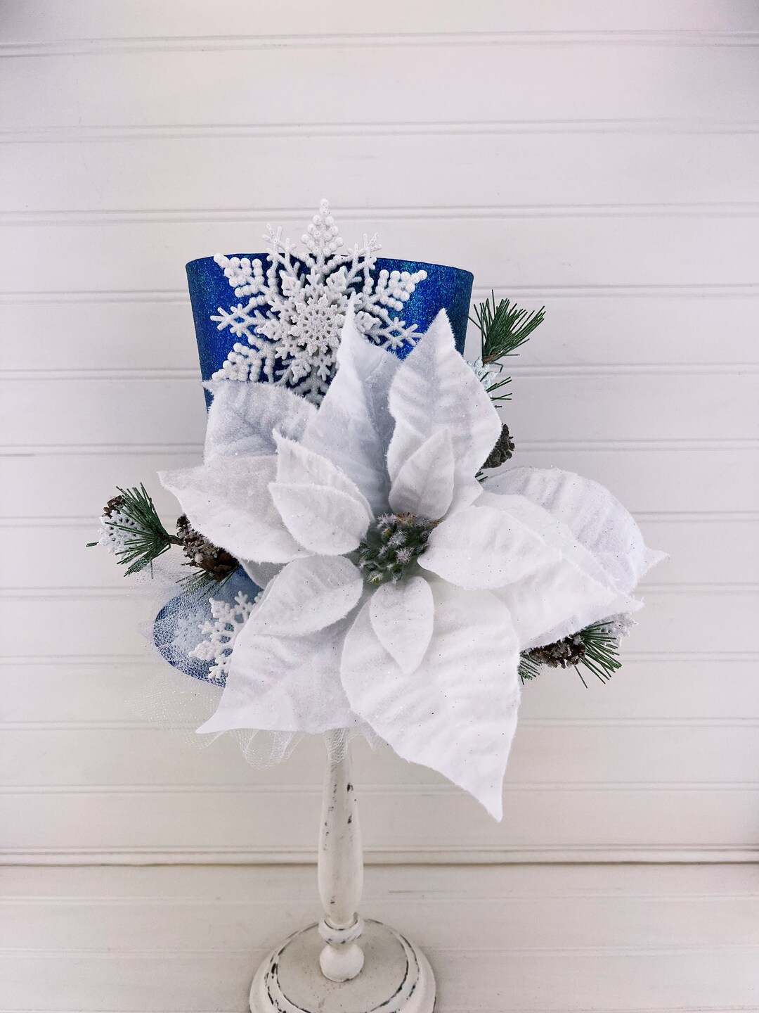 Christmas Decor, Top Hat, Blue With Snowflakes & Poinsettia - Christmas ...