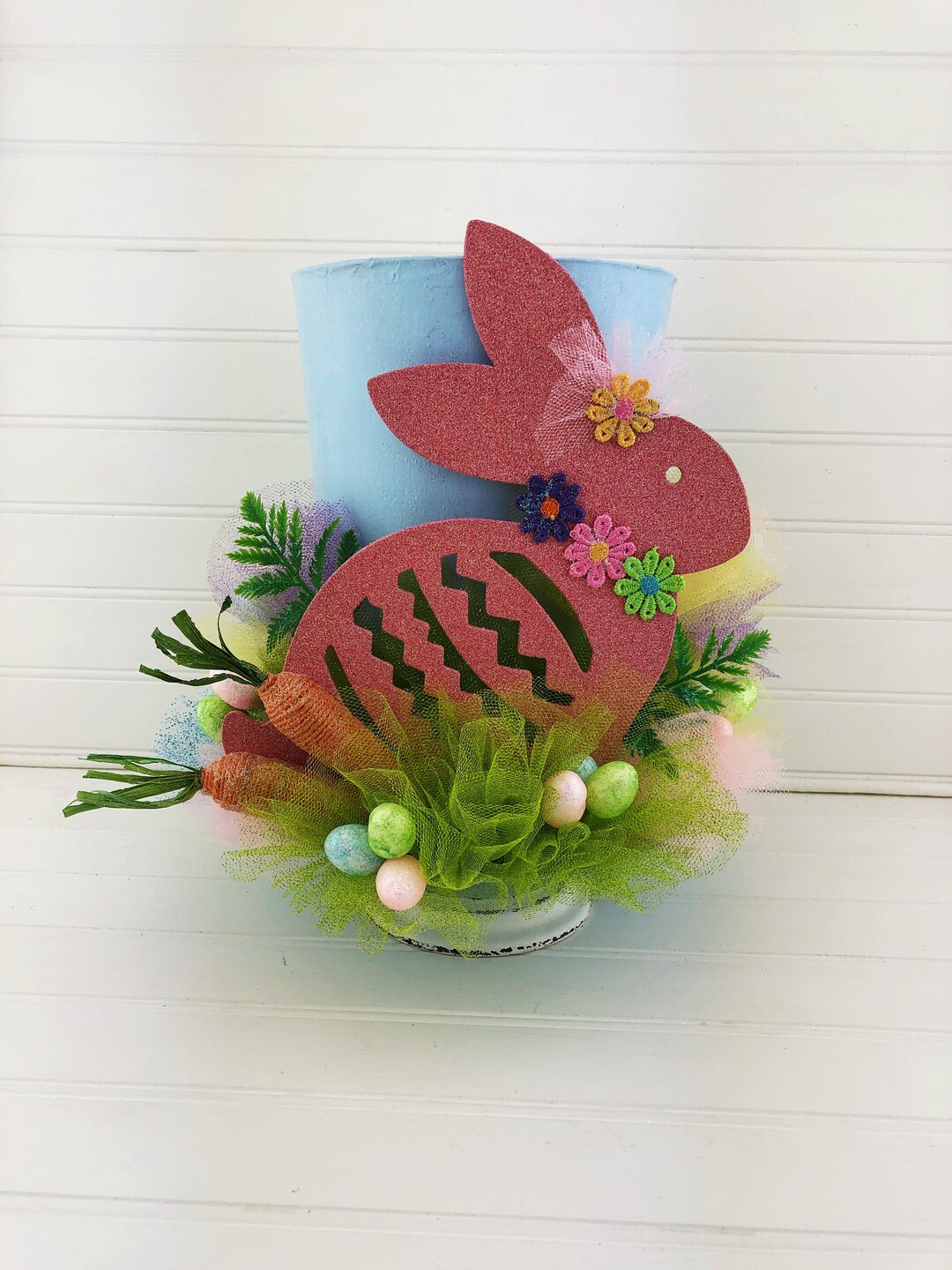 Large Easter Top Hat: Blue Spring Centerpiece With Pink Bunny - Etsy
