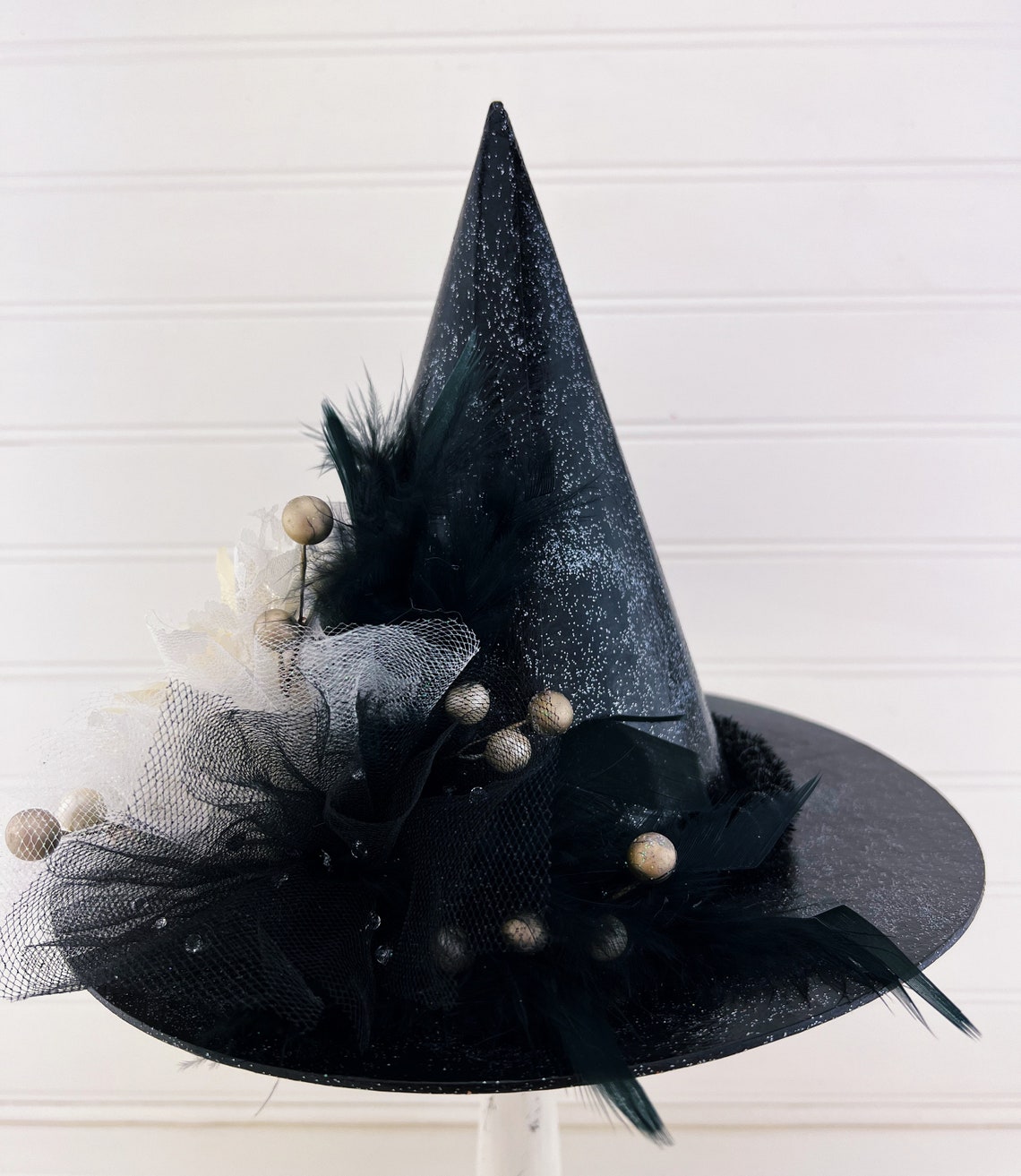 Halloween Decor Witch Hat Black With Feathers & Flowers - Etsy