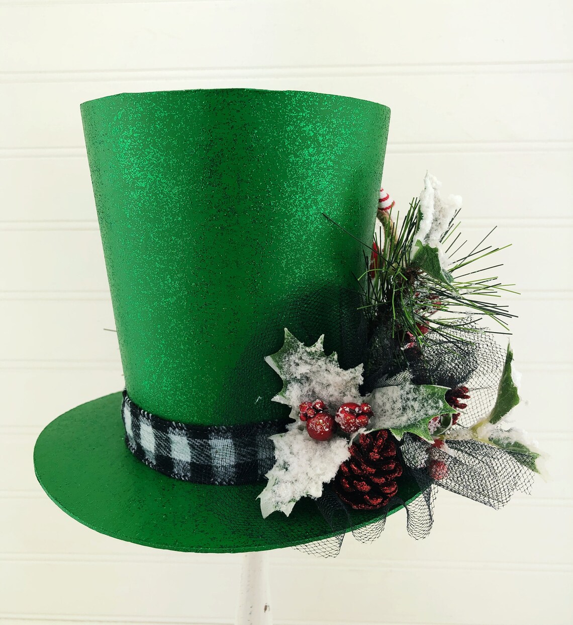 Christmas Decor Top Hat Tree Topper Green With Snowman - Etsy