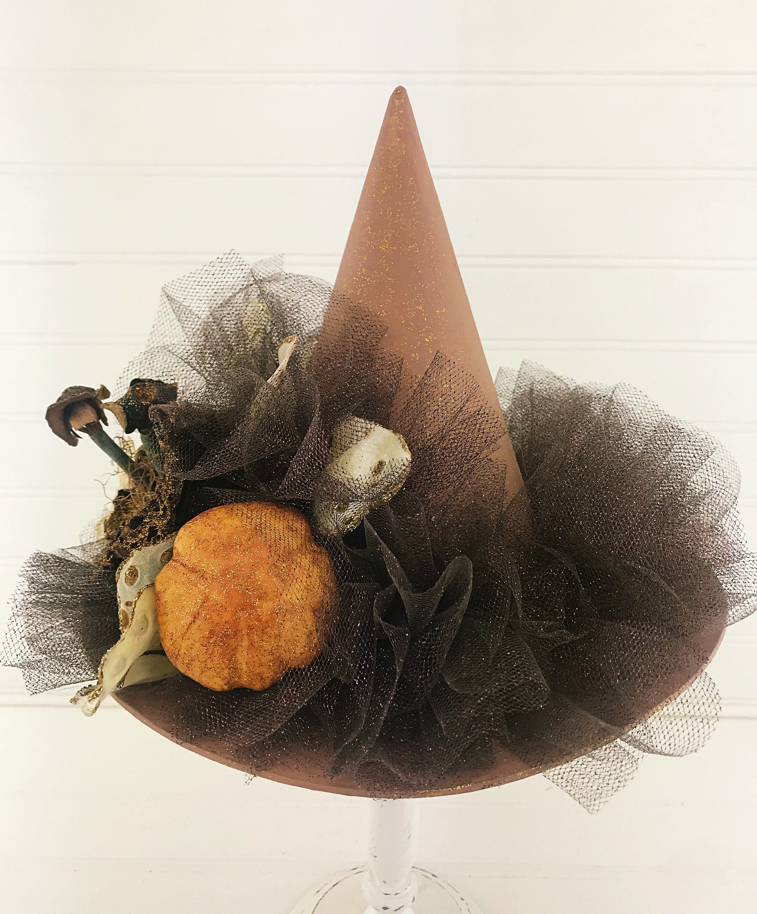 Halloween Decor LARGE Witch Hat Golden Brown with Tulle | Etsy