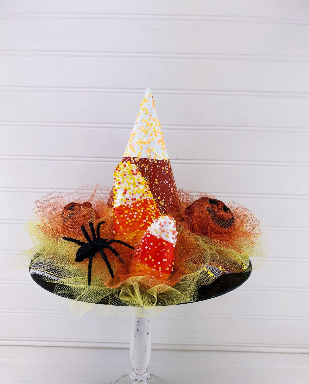 Candy Corn Witch Hat Tree Topper: Halloween Spider Pumpkin Decor - Etsy