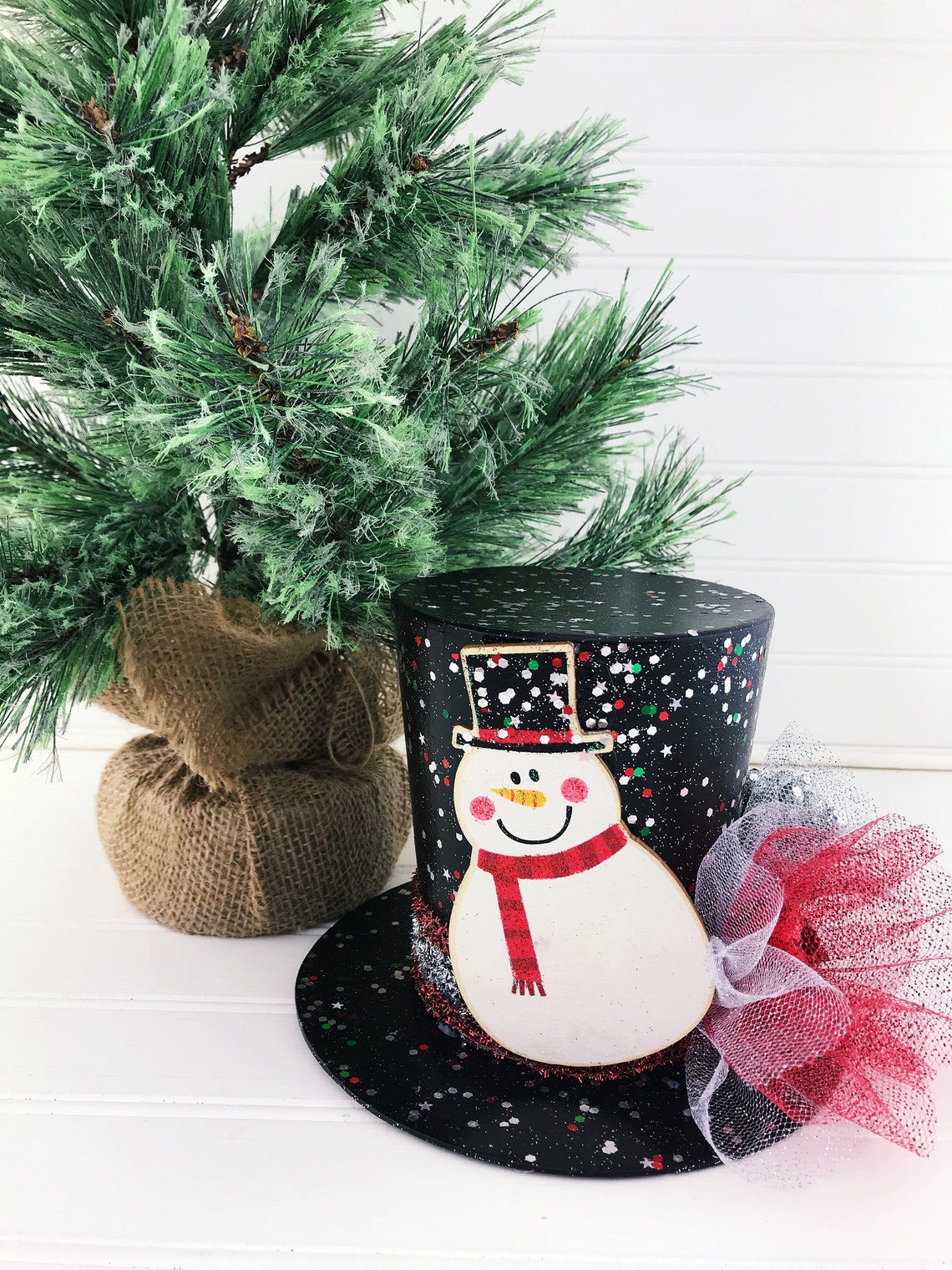 Christmas Decor Top Hat Tree Topper Black with Snowman & | Etsy