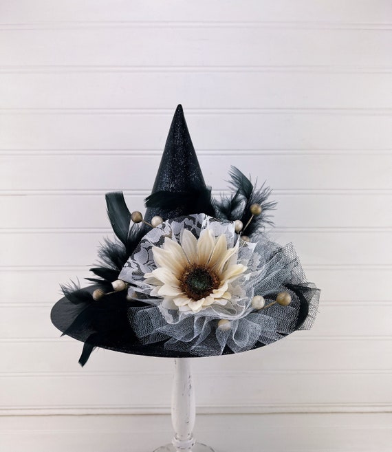 Halloween Decor Witch Hat Black With Feathers & Flowers - Etsy