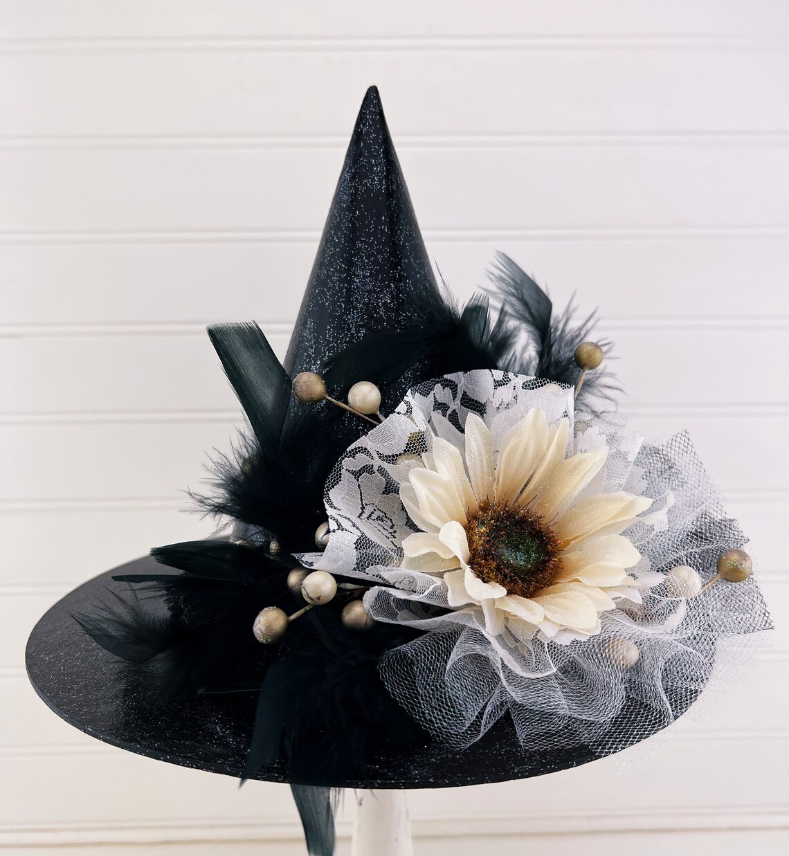 Halloween Decor Witch Hat Black With Feathers & Flowers - Etsy