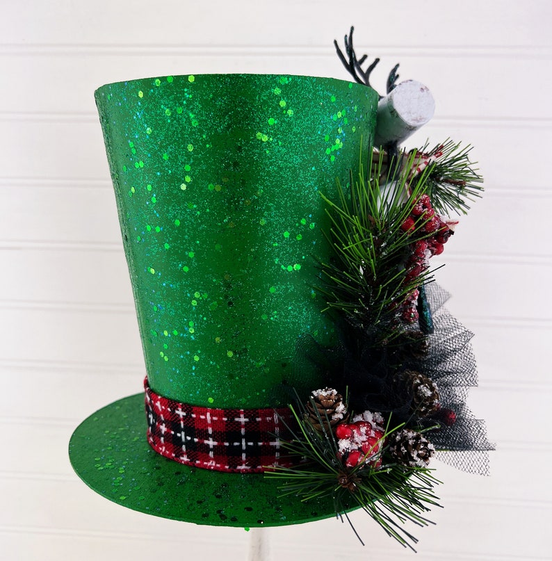Christmas Decor Top Hat Green With Woodland Reindeer & Pine - Etsy