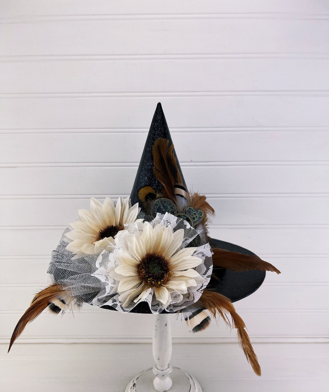 Steampunk Witch Hat: Black Halloween Decor With Flowers & Gears - Etsy