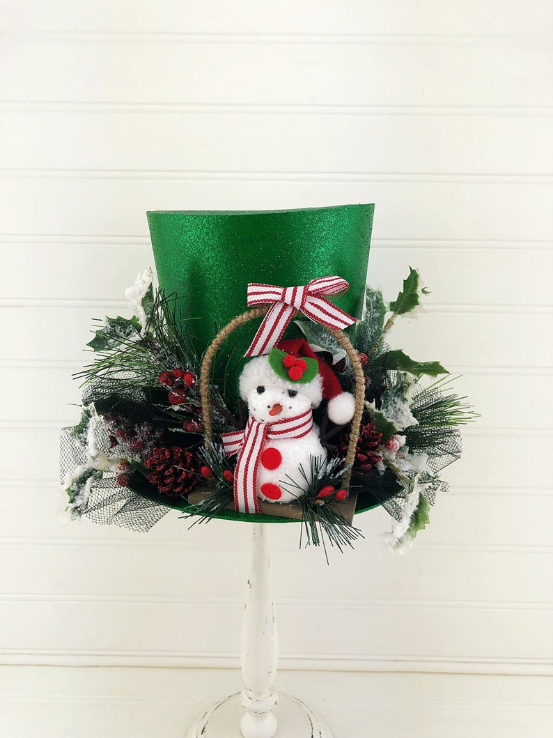 Christmas Decor Top Hat Tree Topper Green With Snowman - Etsy