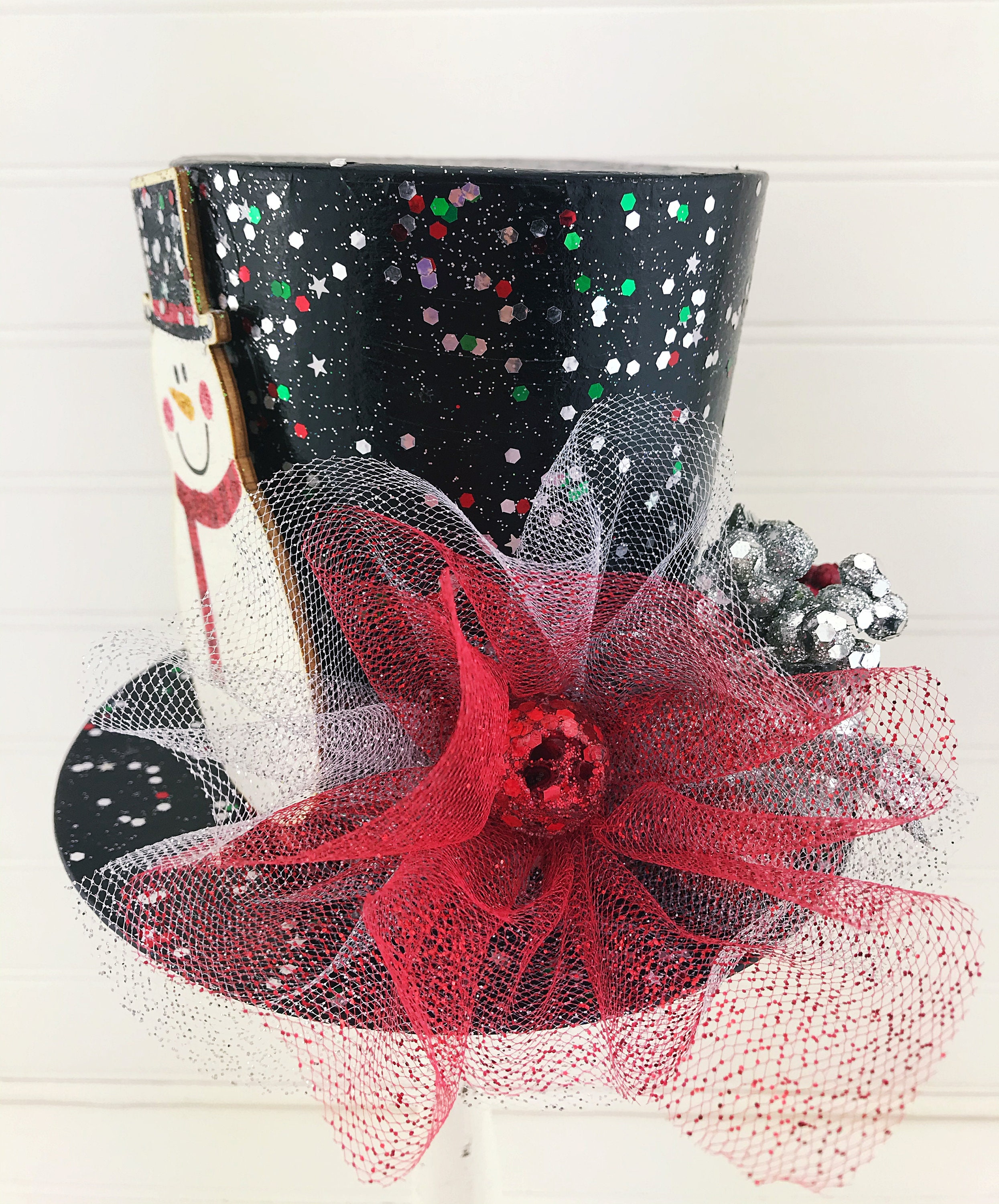 Christmas Decor Top Hat Tree Topper Black with Snowman & | Etsy