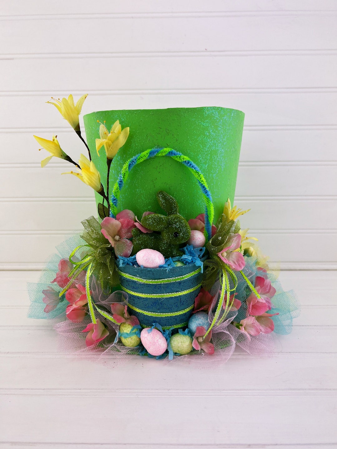 Easter Decor, LARGE Top Hat, Green With Basket & Bunny - Spring ...
