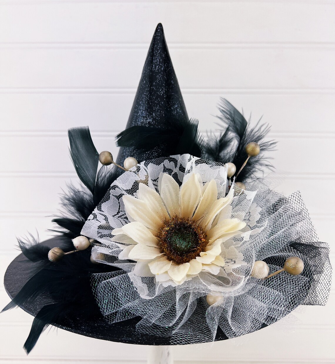 Halloween Decor Witch Hat Black With Feathers & Flowers - Etsy