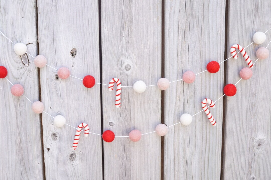 5ft Christmas Pink and Red Candy Cane Felt Ball Garland, Candy Cane ...
