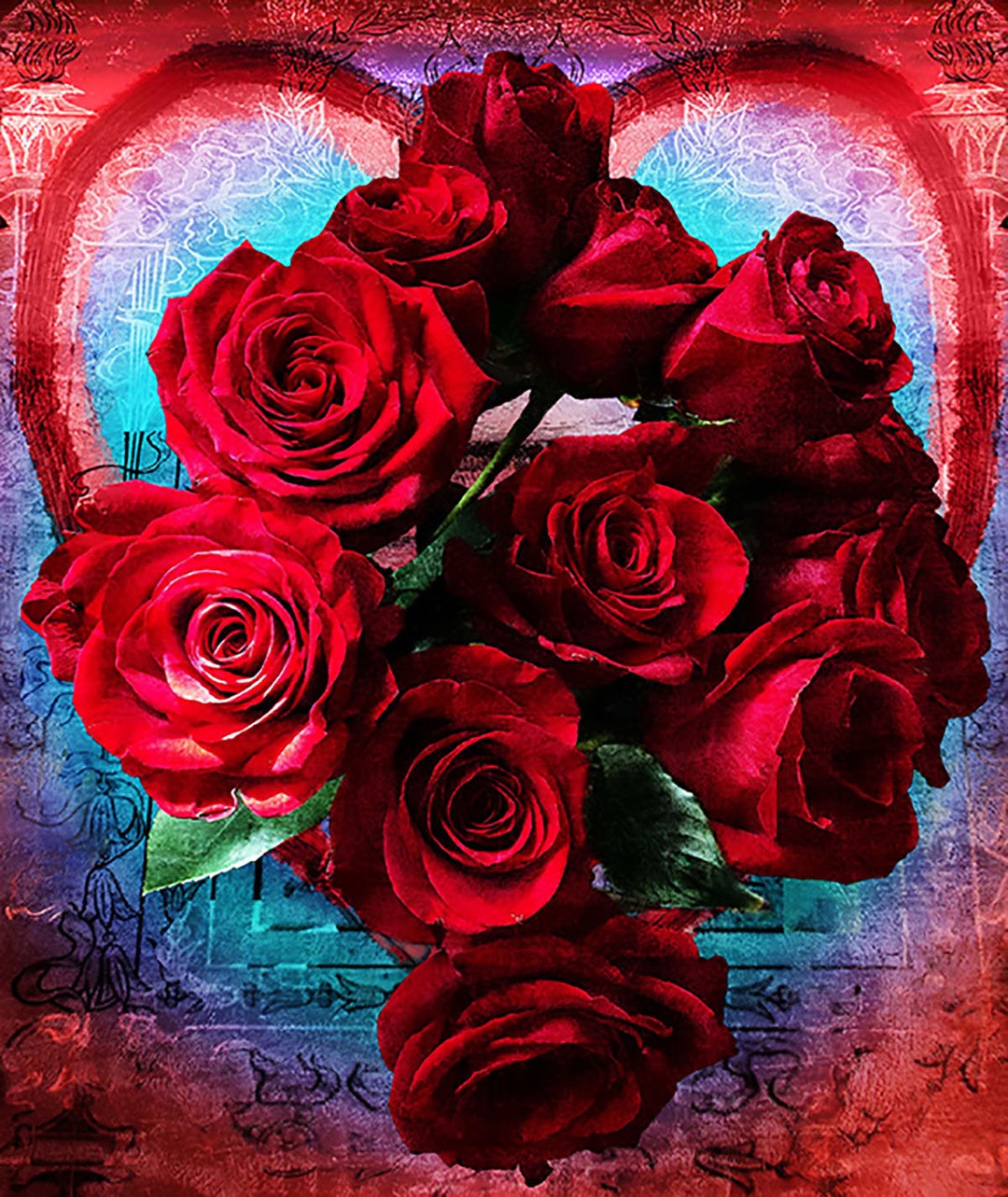 Printable Romantic Red Roses and Heart Unique Gift, Original Wall Art ...