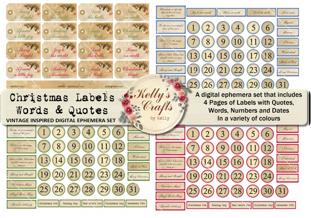 Christmas Labels, Script Words Quotes Numbers Definitions Random Labels ...