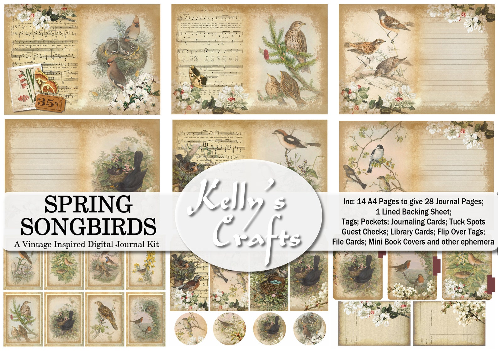 Spring Songbirds Digital Journal Pages and Ephemera - Etsy