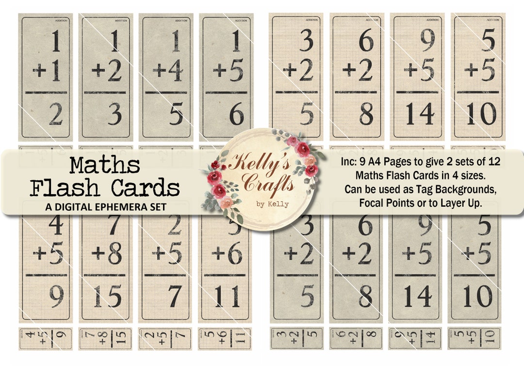 Maths Flash Cards, Digital Download, Printable Journal Ephemera, PDF ...