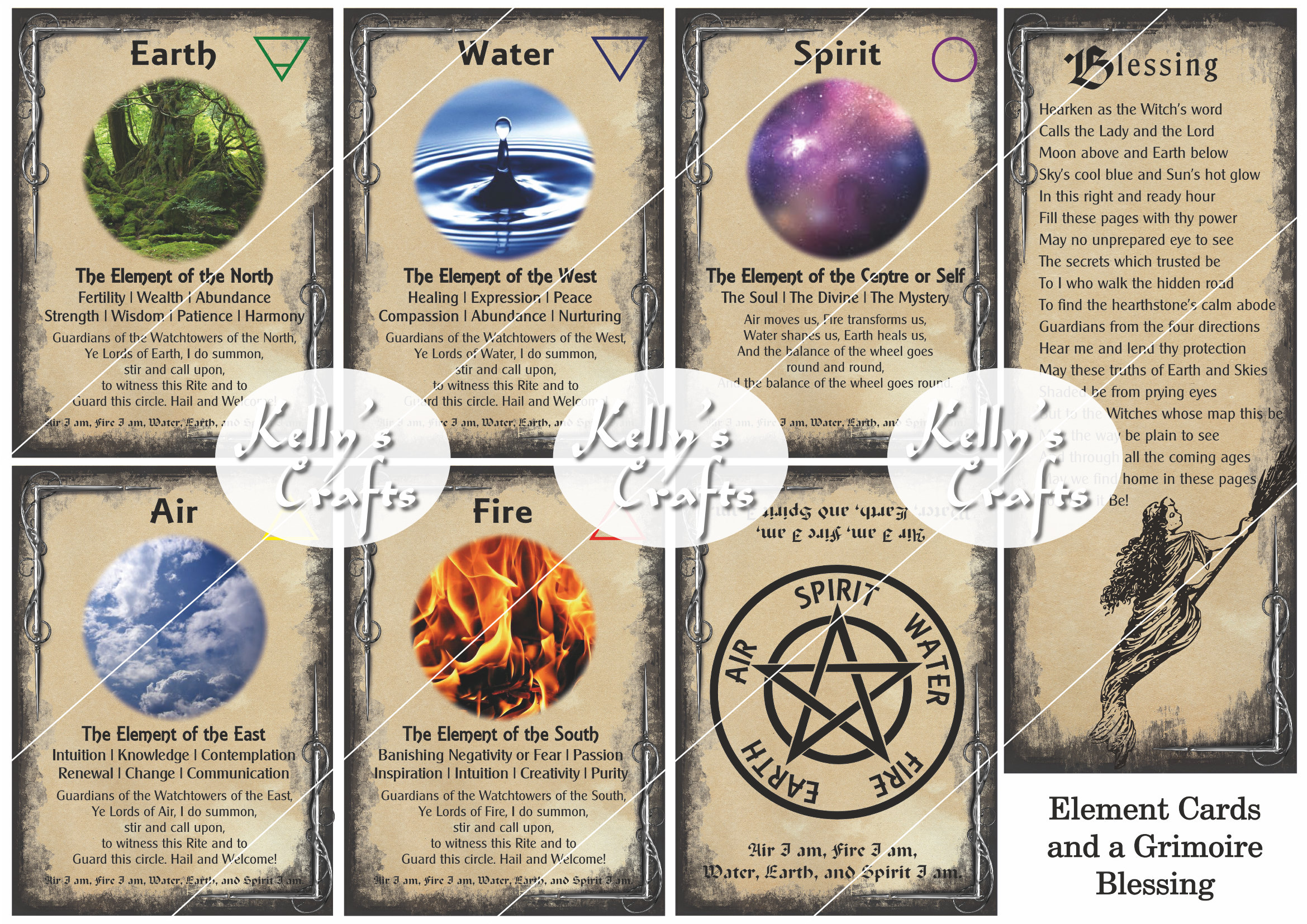 Element Cards, Pentagram and Grimoire Blessing Bookmark - Etsy