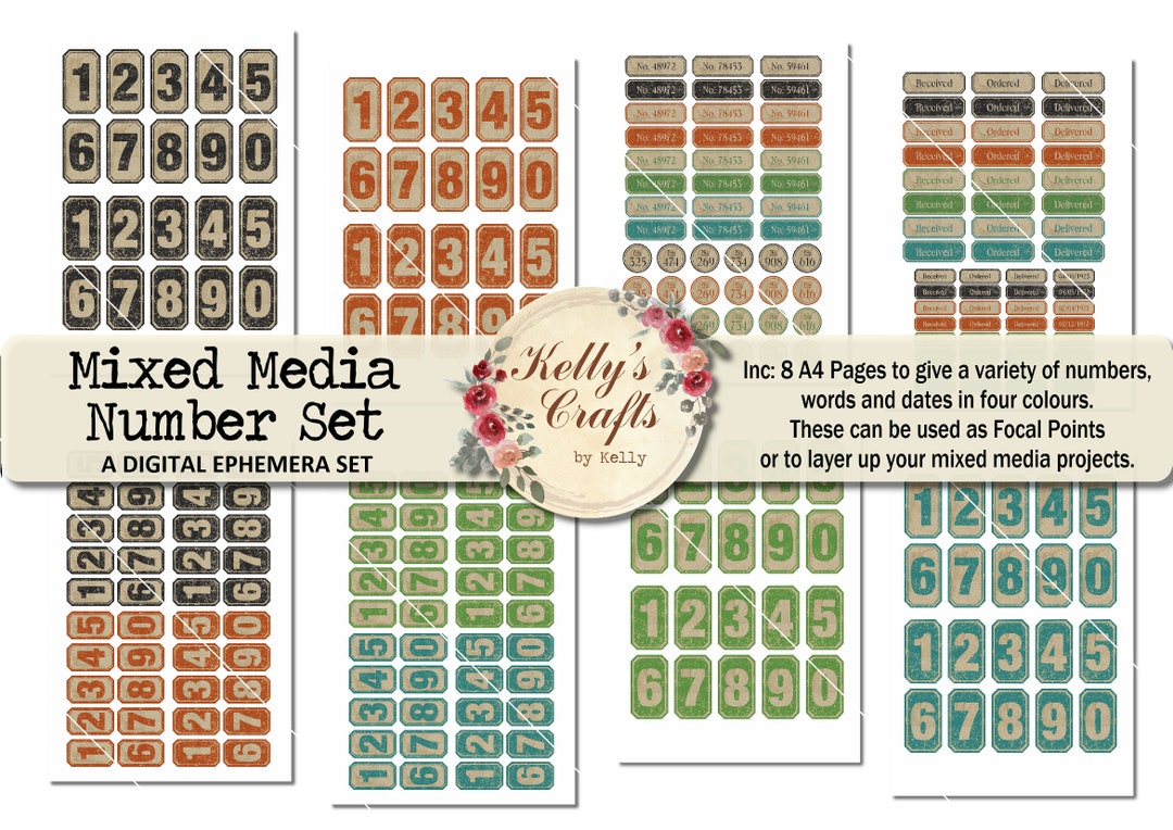 Number Labels, Digital Download, Printable Journal Ephemera, PDF, Mixed ...