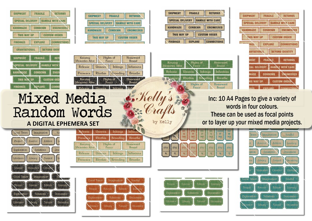Random Word Labels, Digital Download, Printable Journal Ephemera, Mixed ...