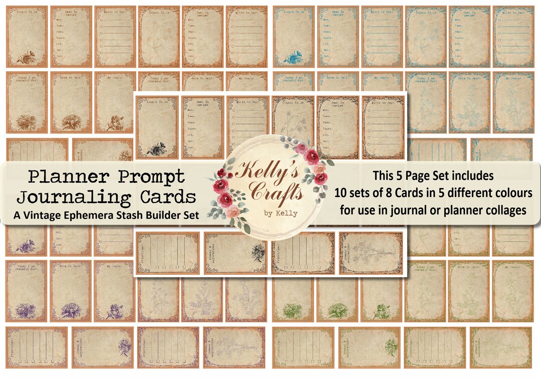 Planner Prompt Journaling Cards - 10 Sets of 8 Cards in 5 Colours With ...