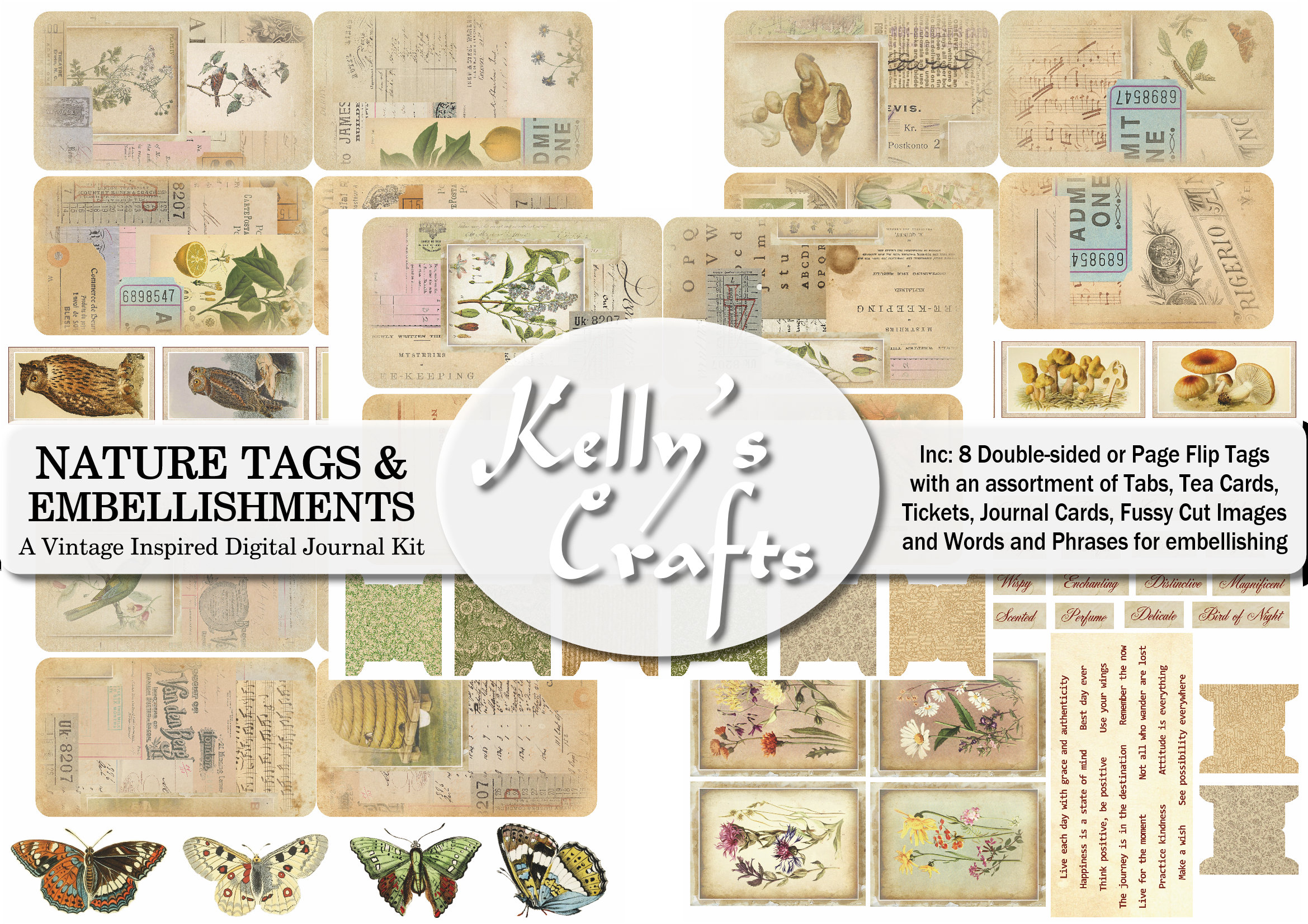 Nature Inspired Flip Over Tags, a Set of 8 Collage Backgrounds With ...