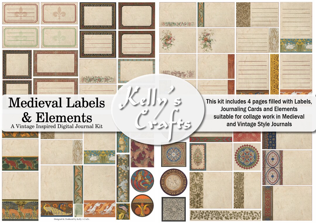 Medieval Labels & Elements Digital Kit, 4 Full Pages of Elements ...