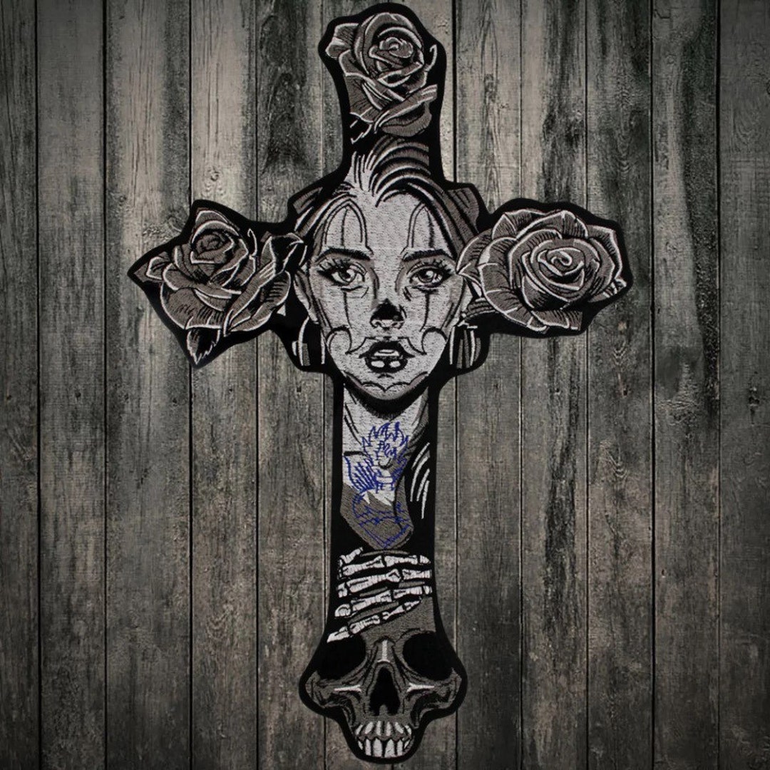 Skull With Roses Cross Back Patch for Bikers, Motoclub Jacket, Large ...