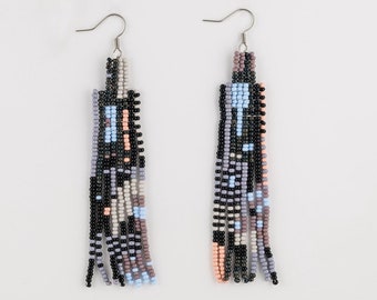 Long Statement Earrings, Beaded Boho Blue, Gray, Lilac - Etsy