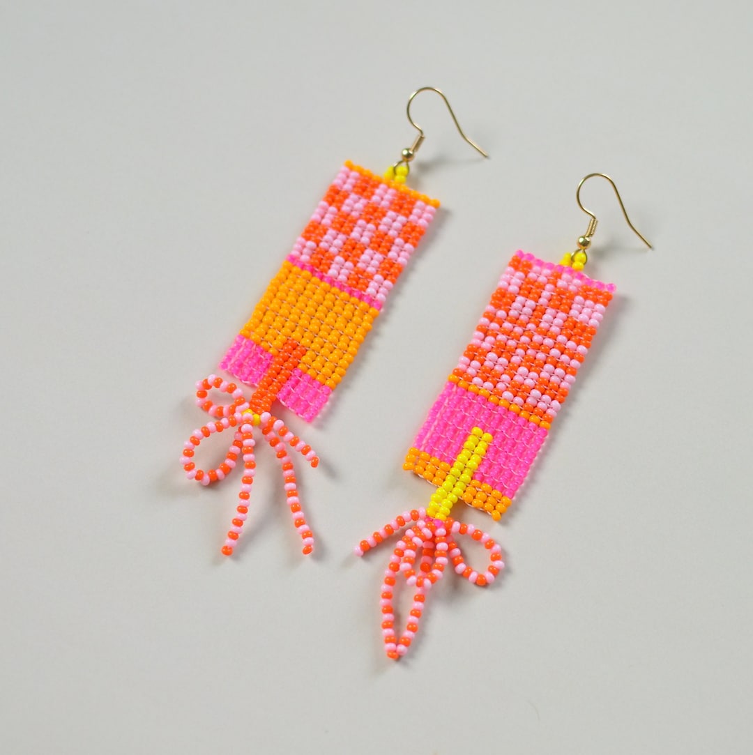 Statement Beadwork Earrings. Seed Beads Color Block Earrings.neon Pink ...