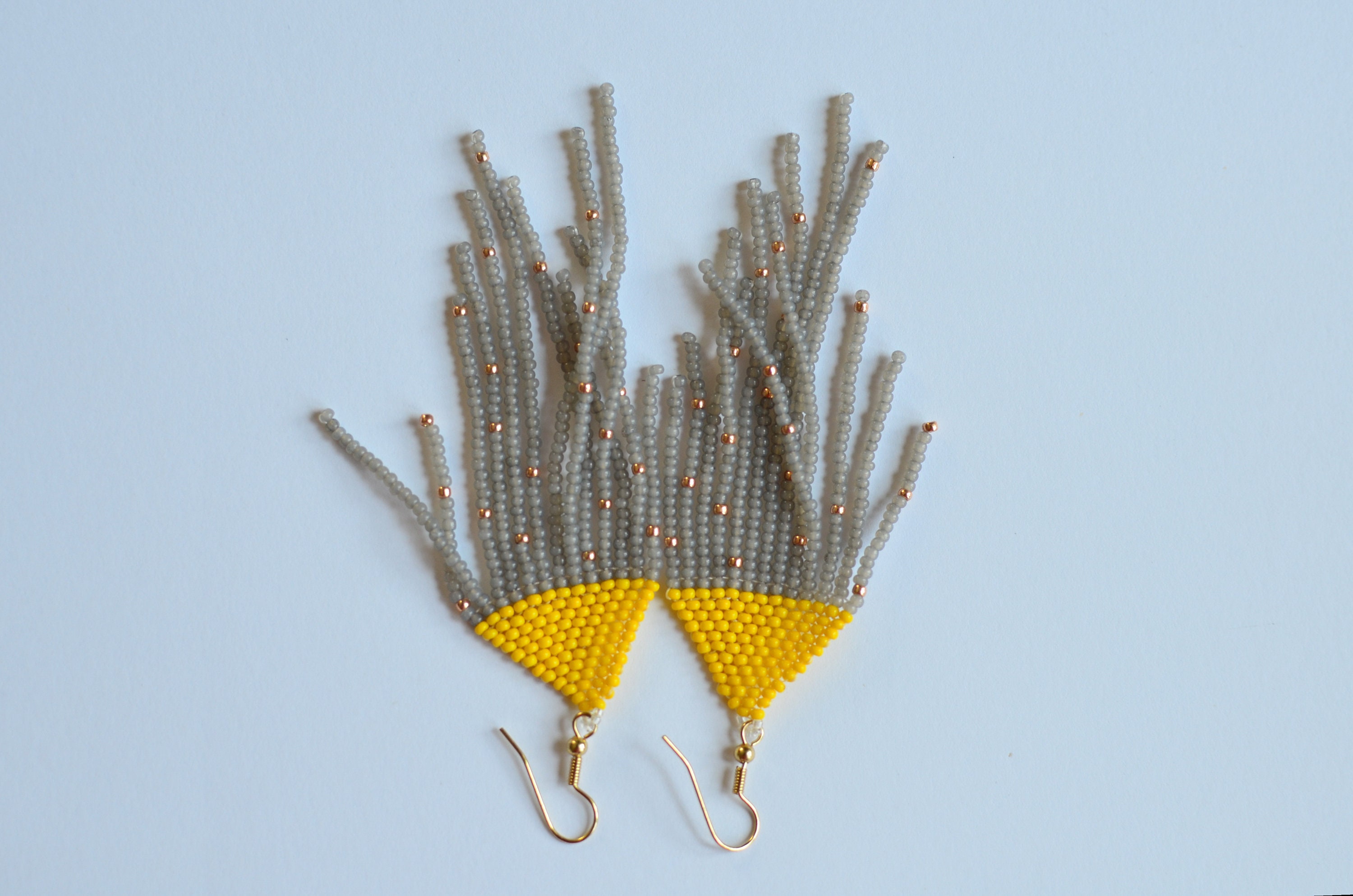 Beaded Fringe Earrings Colorblock Lemon Yellow Gray Polka Dot - Etsy