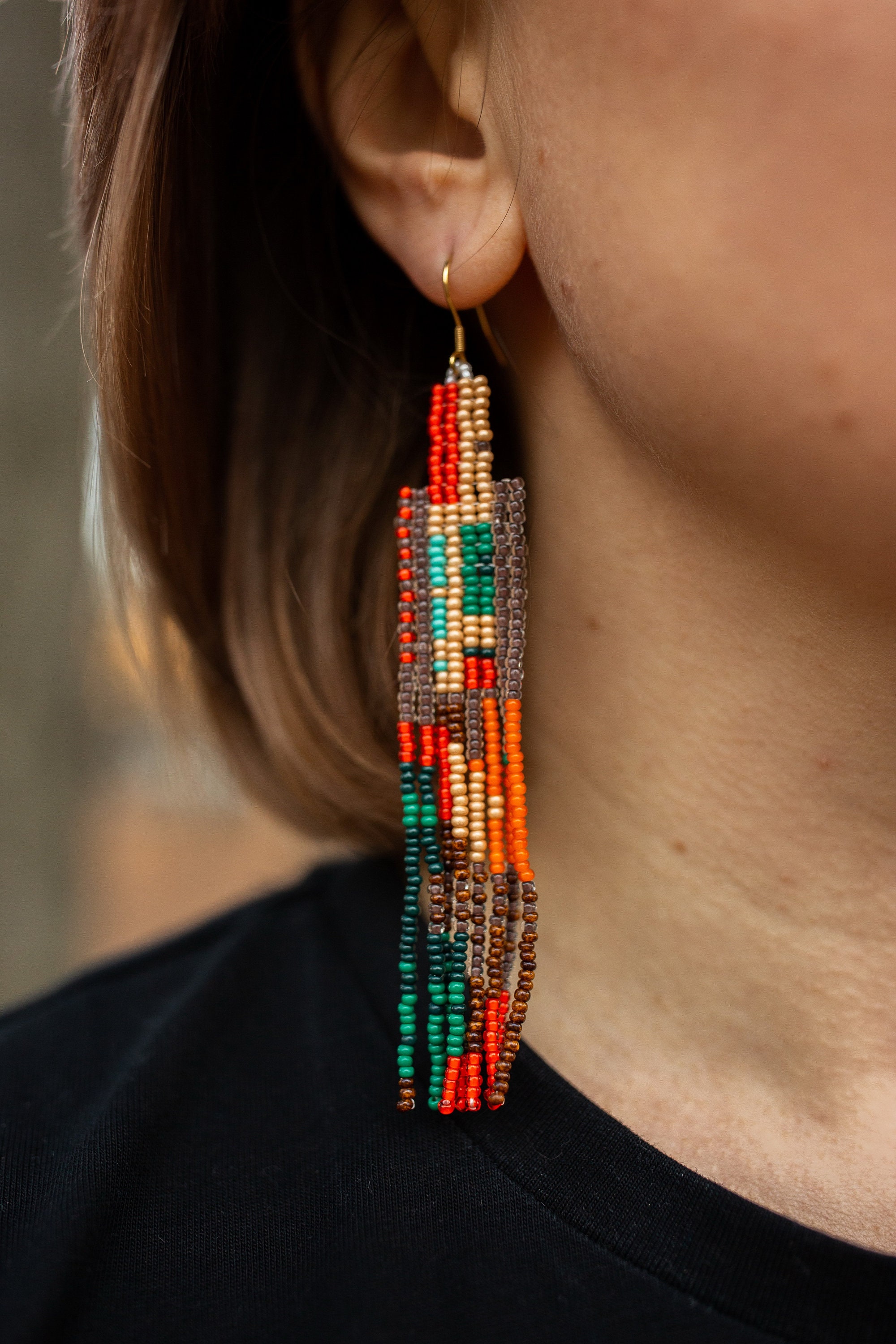 Autumn Fall Long Earrings Abstract Beaded Fringe Earrings | Etsy