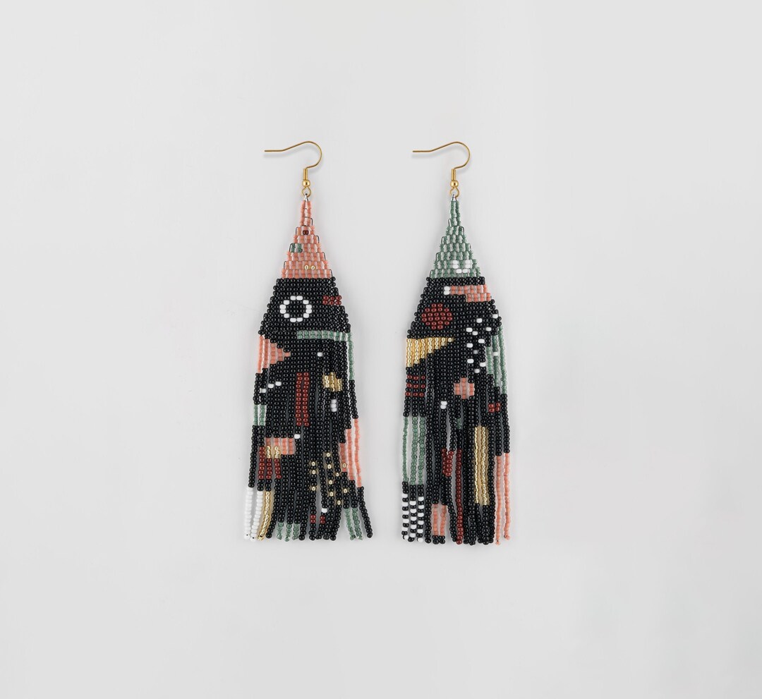 Long Bead Fringe Earrings. Statement Handmade Earrings. Black - Etsy