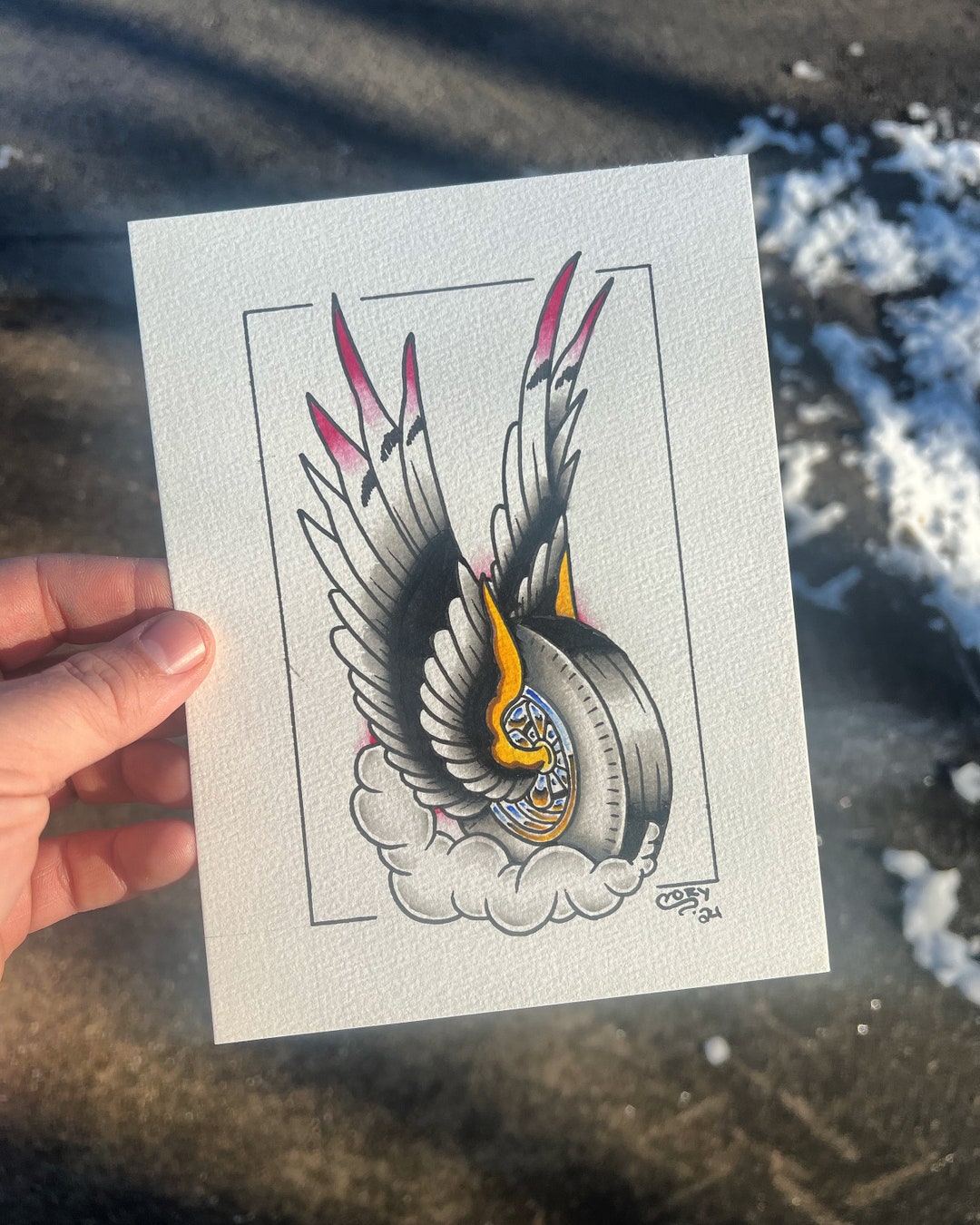 Hand Painted Flying Wheel Tattoo Flash - Etsy