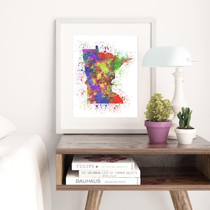 Minnesota Map Print. Watercolor Paint Splatter. Abstract Art. Twin ...