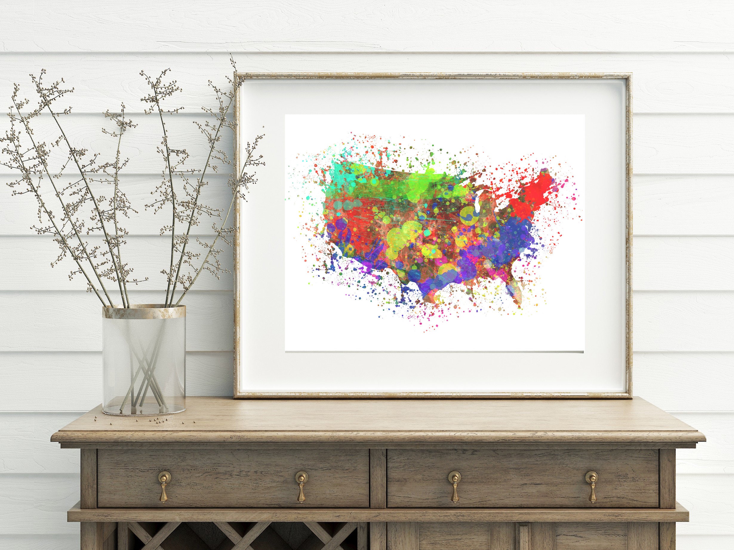 USA Map Print. American. Watercolor Paint Splatter. Abstract Art ...