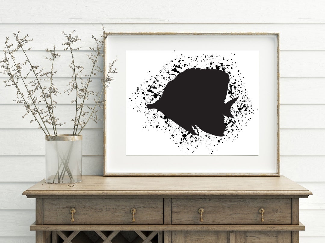 Tropical Fish Art Print. Black and White Paint Splatter. Ocean Theme ...