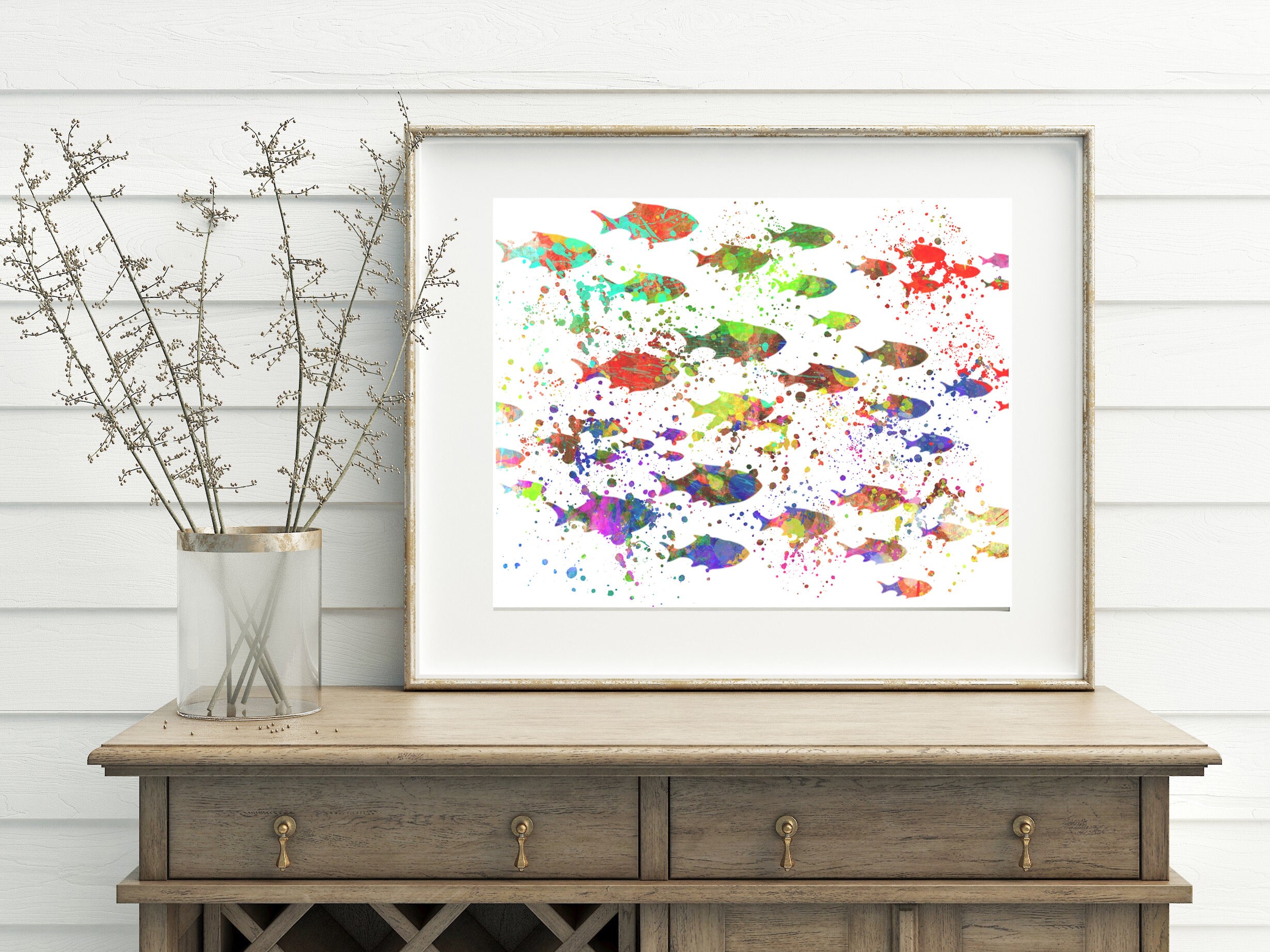 School of Fish Ocean Abstract Art Print. Watercolor Paint Splatter ...