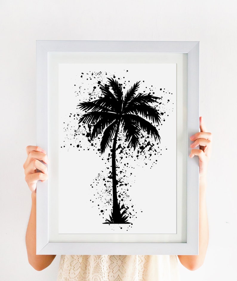 Palm Tree Tropical Art Print. Black and White Paint Splatter. Low ...